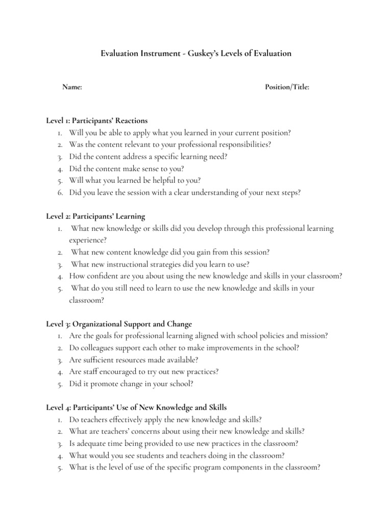 Guskey's Evaluation Levels Tool | PDF