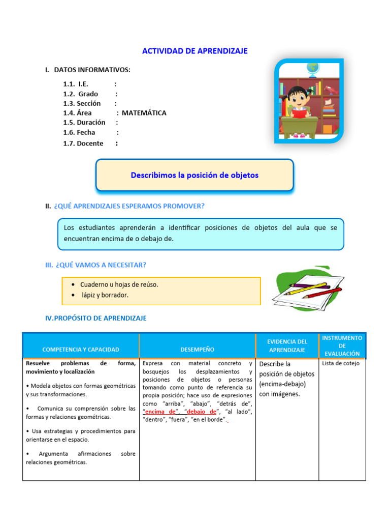 Posiciones de Objetos para Niños | PDF | Evaluación | Aprendizaje