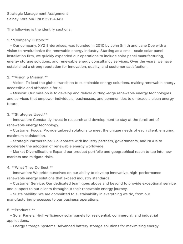 Strategic Management Assignment | PDF | Renewable Energy | Sustainability