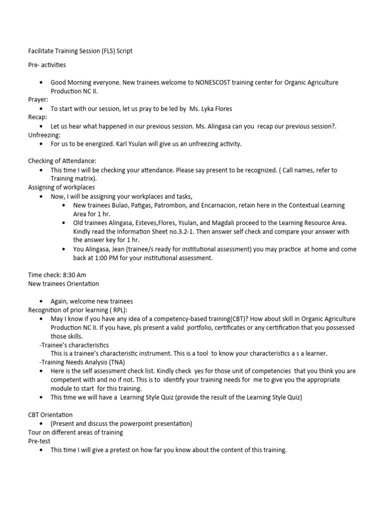 Facilitate Training Session Script | PDF | Human Communication | Education Theory
