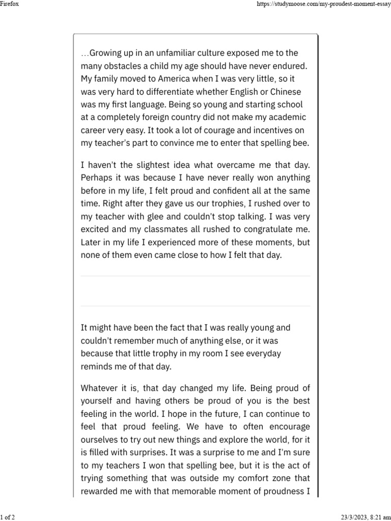 My Proudest Moment Free Essay Example2 | PDF