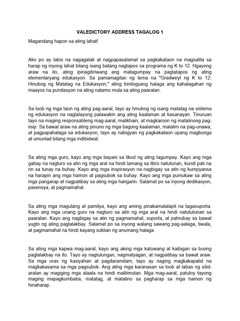 Valedictory Address Tagalog | PDF