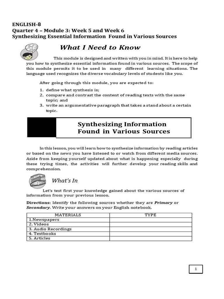 Synthesizing Information Skills in English 8 | PDF | Reading ...
