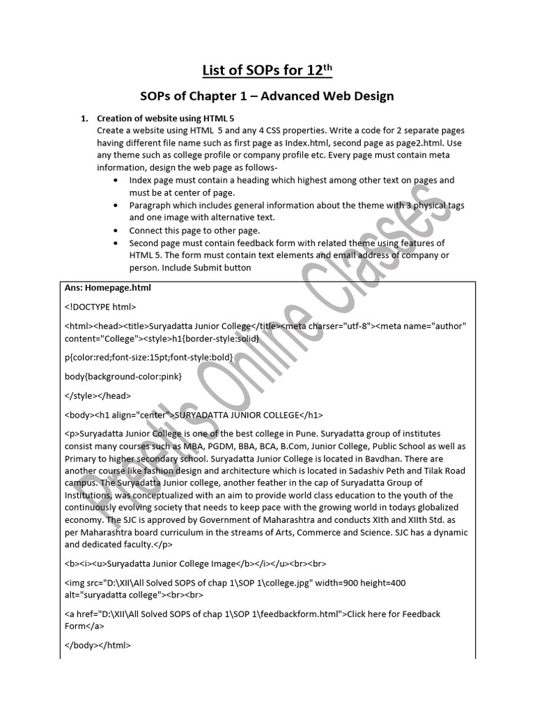 List of SOPs For 12th (Chapter 1) | PDF | Web Page | Html