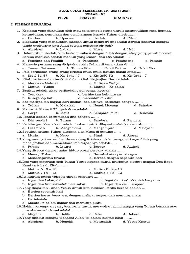 Soal Ujian Agama Kristen Kelas VI | PDF