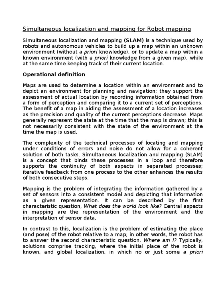 Simultaneous Localization And Mapping For Robot Mapping Pdf Cybernetics Areas Of Computer