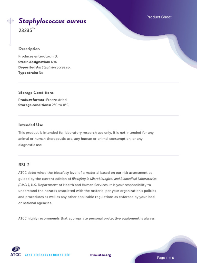 Product Sheet - Staphylococcus Aureus | PDF | Atcc (Company ...
