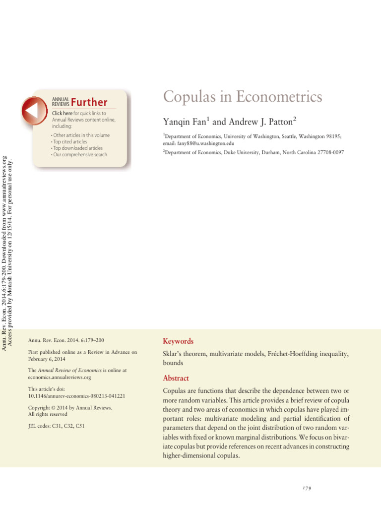 Fan Patton Copulas in Econometrics | PDF | Probability Distribution | Statistical Models