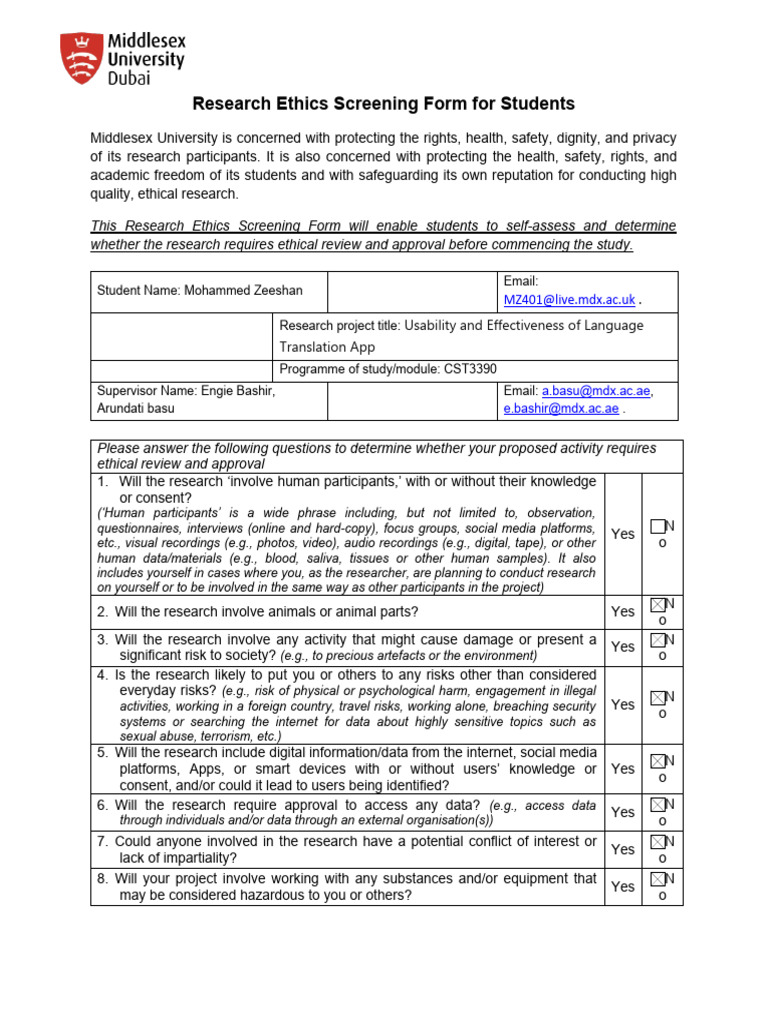MDX Dubai Research Ethics Screening Form For Students | PDF | Computer ...