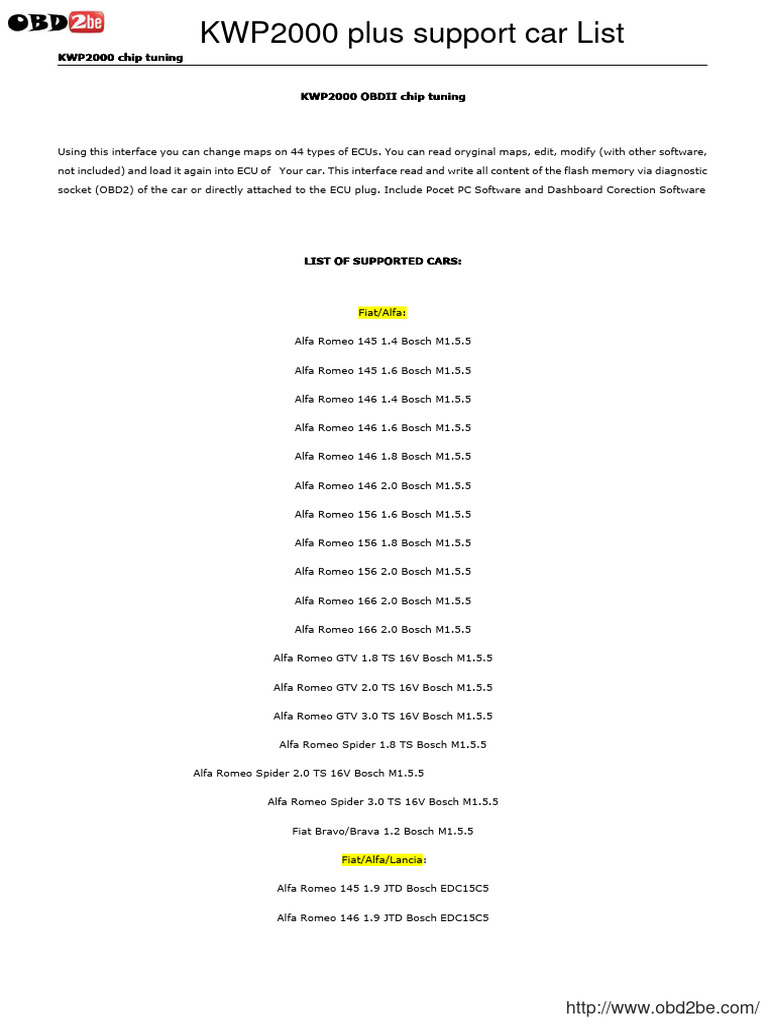 KWP2000 Supported Car List | PDF | Volkswagen | Opel