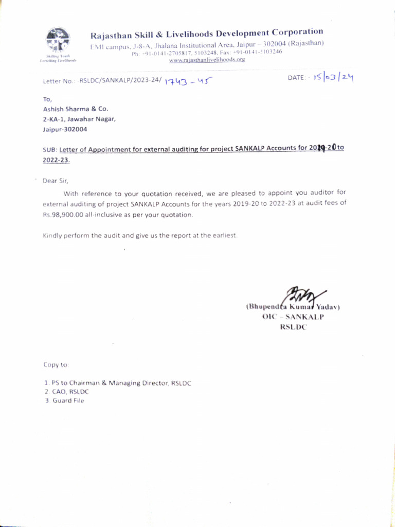 Appointment Letter For External Audit | PDF