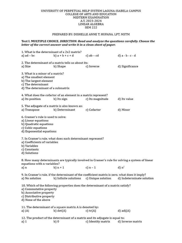 Linear Algebra Midterm Exam | PDF | Matrix (Mathematics) | Determinant Linear Algebra Midterm Exam | PDF | Matrix (Mathematics) | Determinant