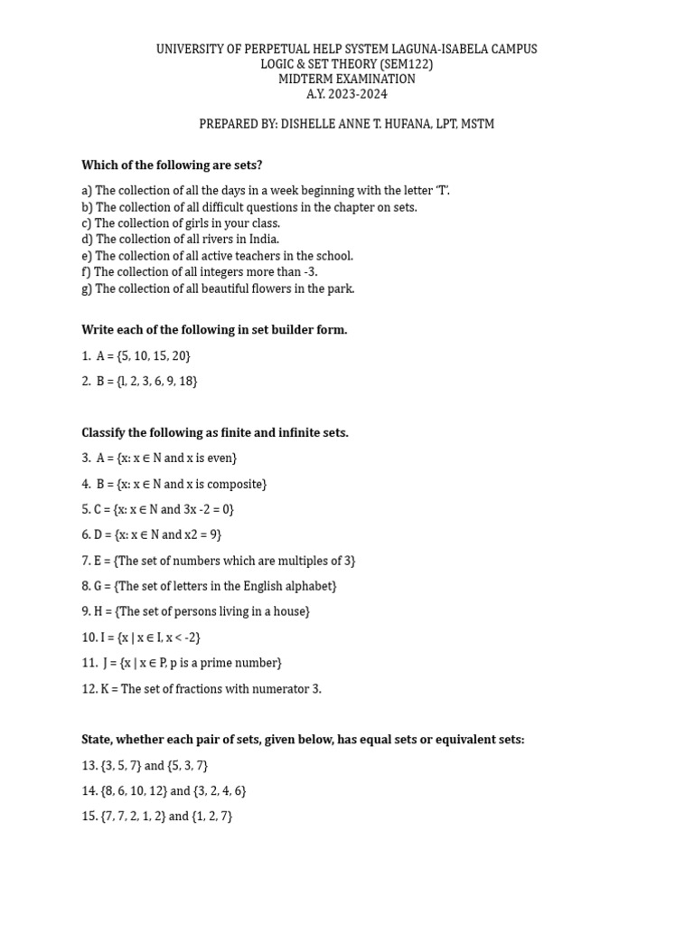 Logic & Set Theory Midterm Exam | PDF | Mathematics | Mathematical Logic Logic & Set Theory Midterm Exam | PDF | Mathematics | Mathematical Logic