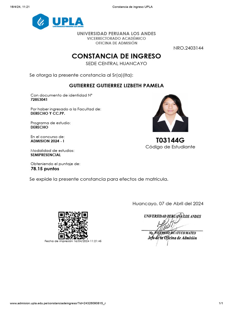Constancia de Ingreso UPLA | PDF