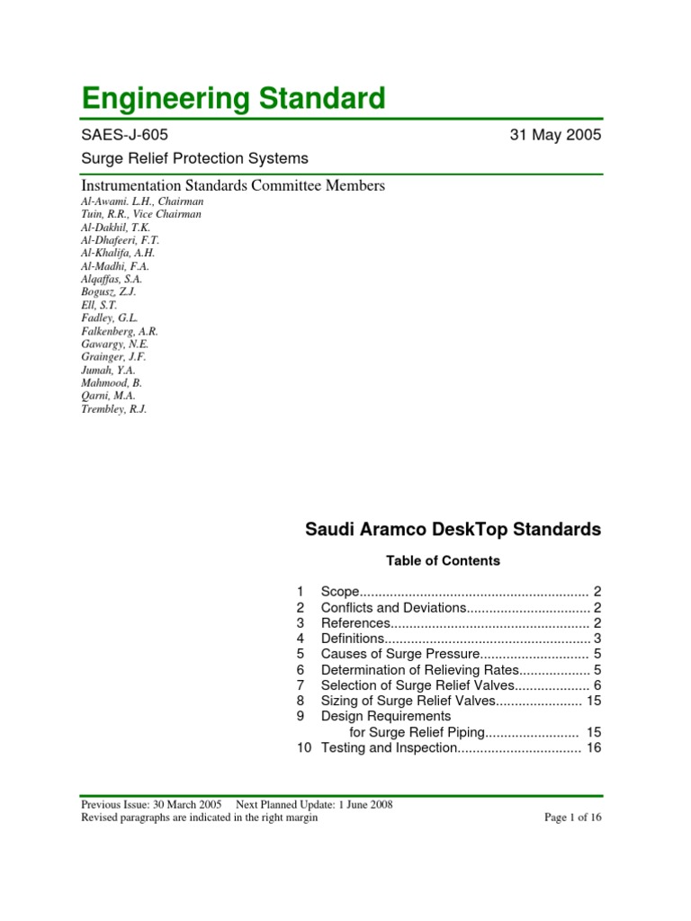 SAES-J-605 - Surge Relief Protection Systems | PDF | Valve | Pump