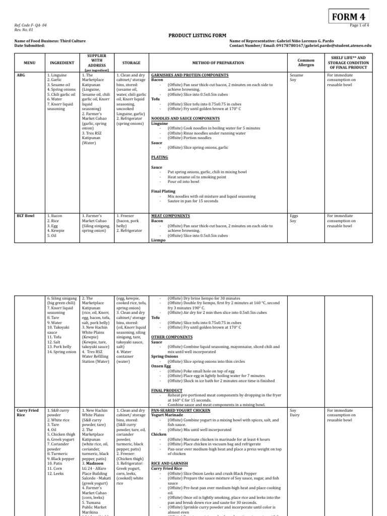 (ThirdCulture) - FSQA Form 4 | PDF | Tofu | Curry