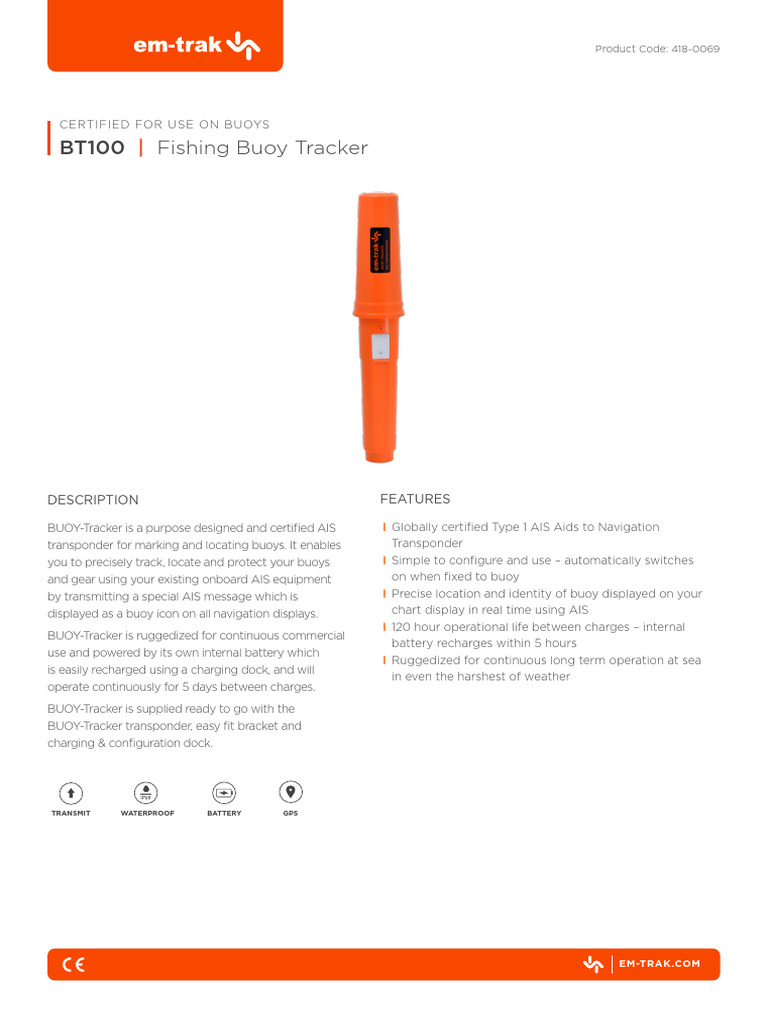 Em-Trak Product Datasheet BT100 | PDF | Rechargeable Battery | Transmitter