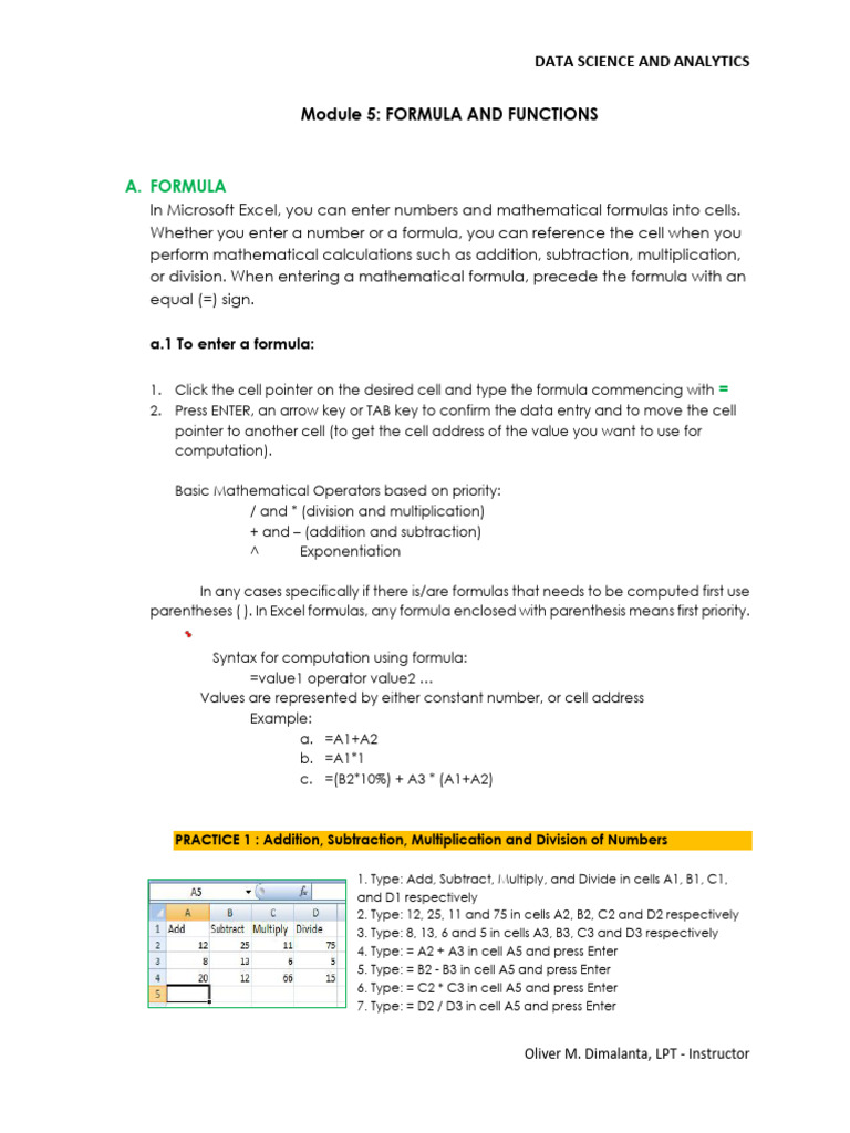 Module-5-Excel-Formulas-and-Functions | PDF | Microsoft Excel | Formula