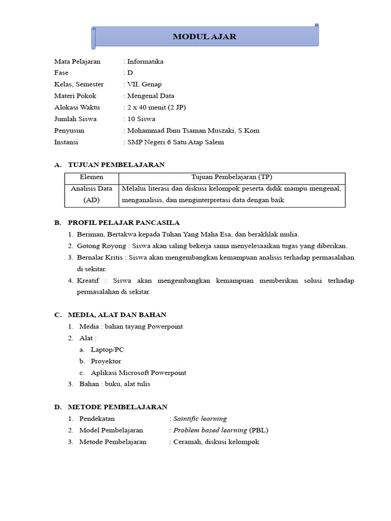 MODUL AJAR Analisis Data - Mengenal Data | PDF