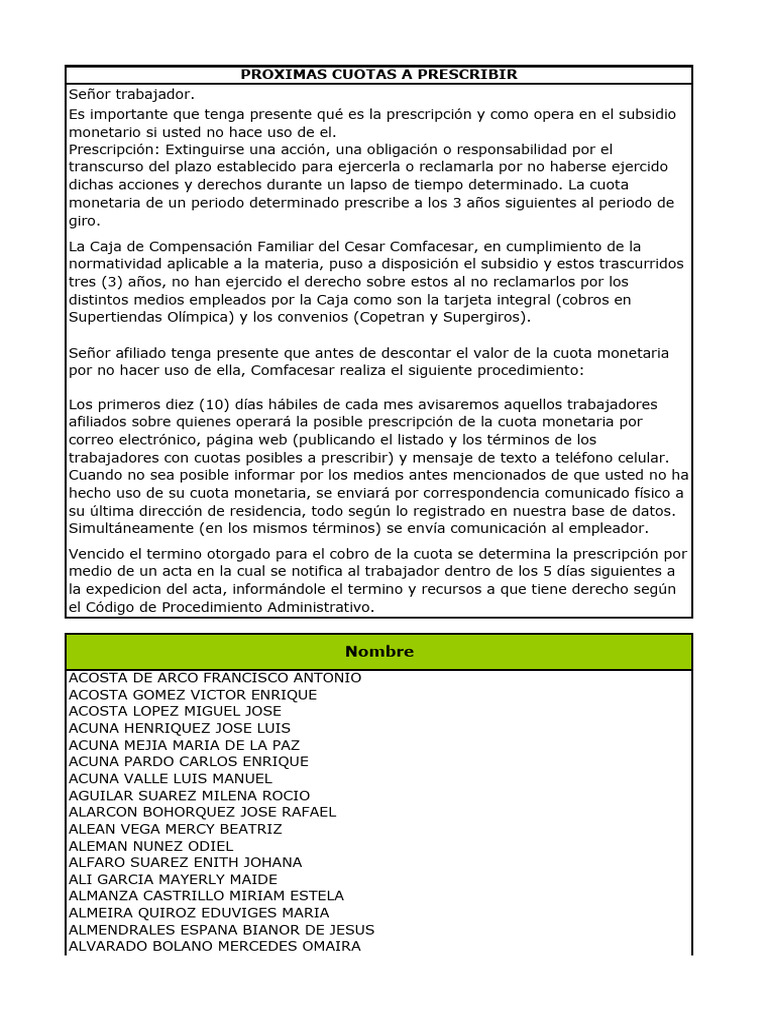 Procedimiento de Prescripción de Cuotas Comfacesar | PDF | Estatuto de limitaciones ...