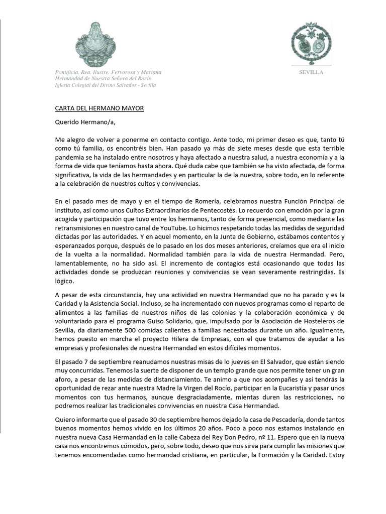 Carta Hermano Mayor 061020 | PDF | Sevilla | María, madre de Jesús