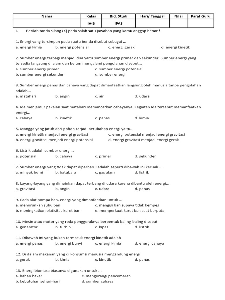 Latihan Soal IPAS Bab 4 (Perubahan Energi) Kelas 4 SD | PDF