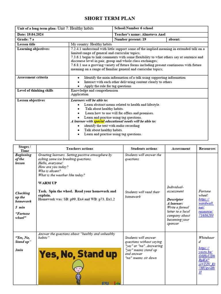 Grade 7 Healthy Habits Lesson Plan | PDF | Learning | Reading Comprehension