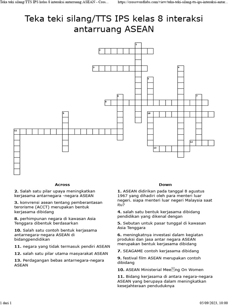 Teka Teki Silang - TTS IPS Kelas 8 Interaksi Antarruang ASEAN - Crossword Labs | PDF