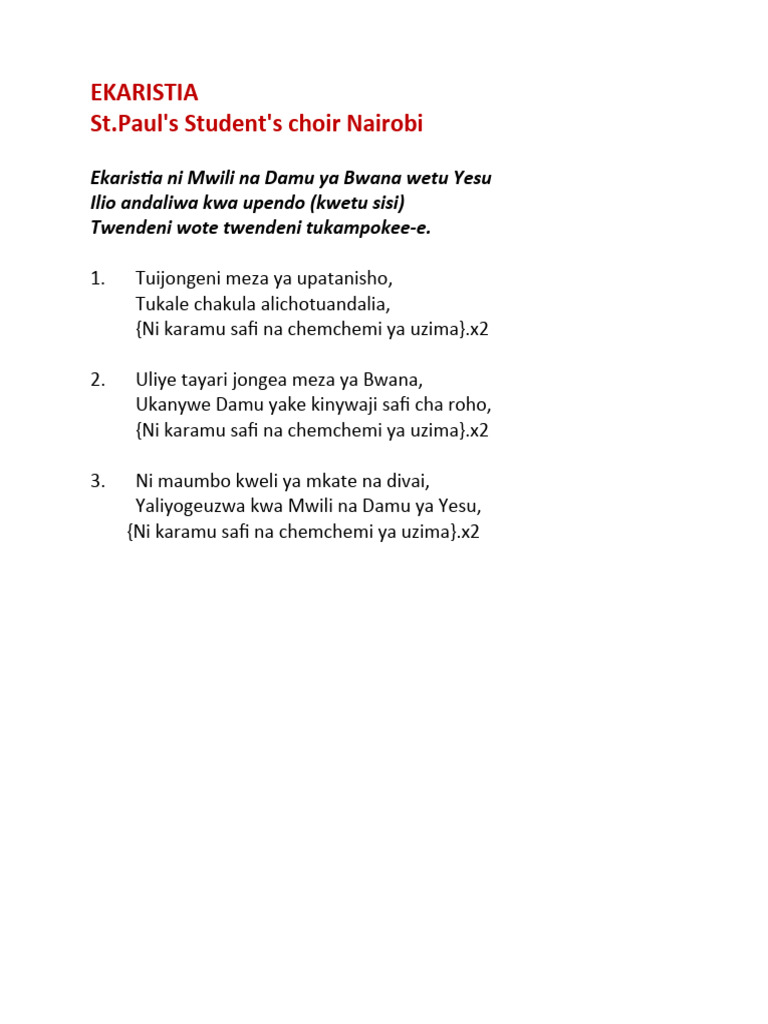 Ekaristia Ni Mwili Na Damu | PDF