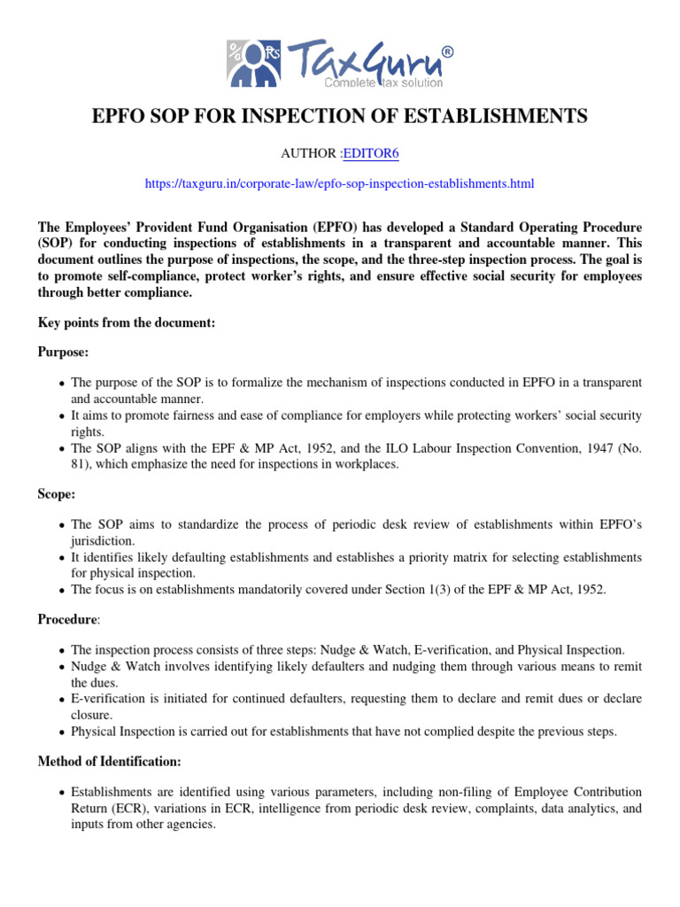 EPFO Inspection SOP Overview 2025 | PDF | Regulatory Compliance