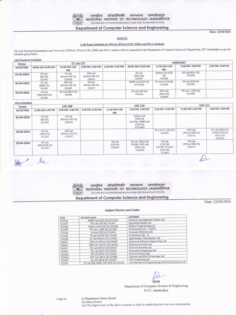 End Sem Lab Exam Schedule BTech MTech MCA | PDF End Sem Lab Exam Schedule BTech MTech MCA | PDF