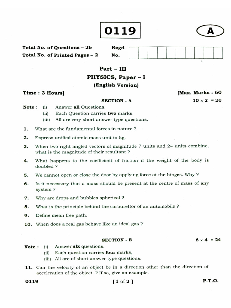 Phy-1 IPE Model QP | PDF | Force | Newton's Laws Of Motion