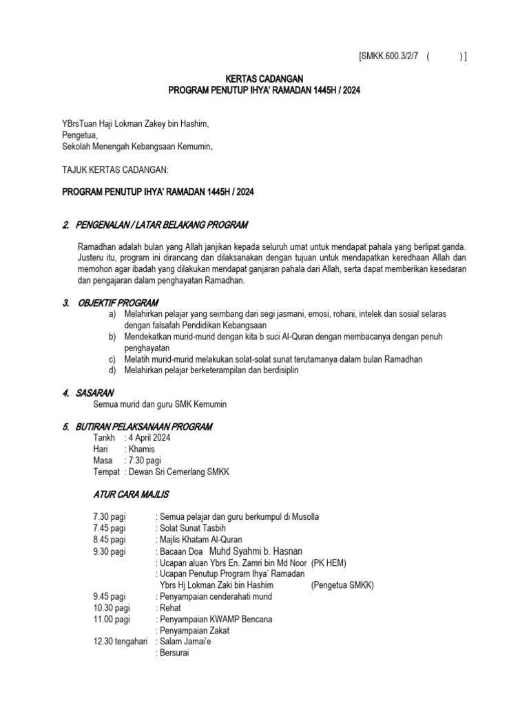 Kertas Kerja Majlis Penutup Ihya Ramadan 2023 | PDF