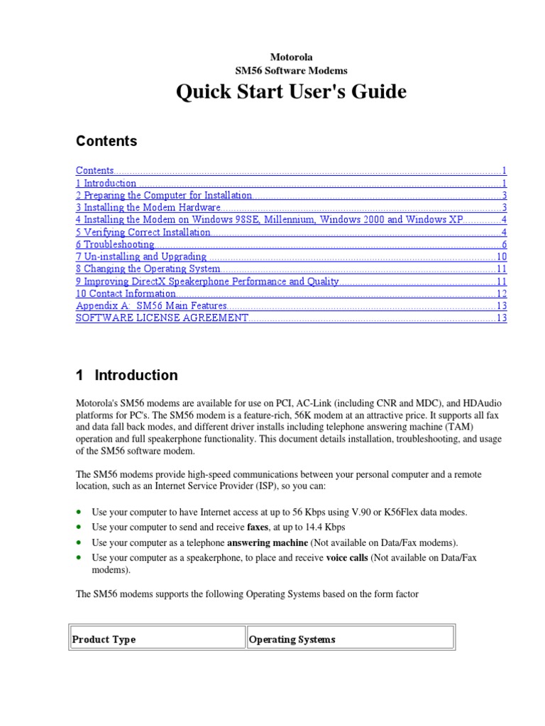 Quick Start User's Guide: Motorola SM56 Software Modems | PDF | Modem | License
