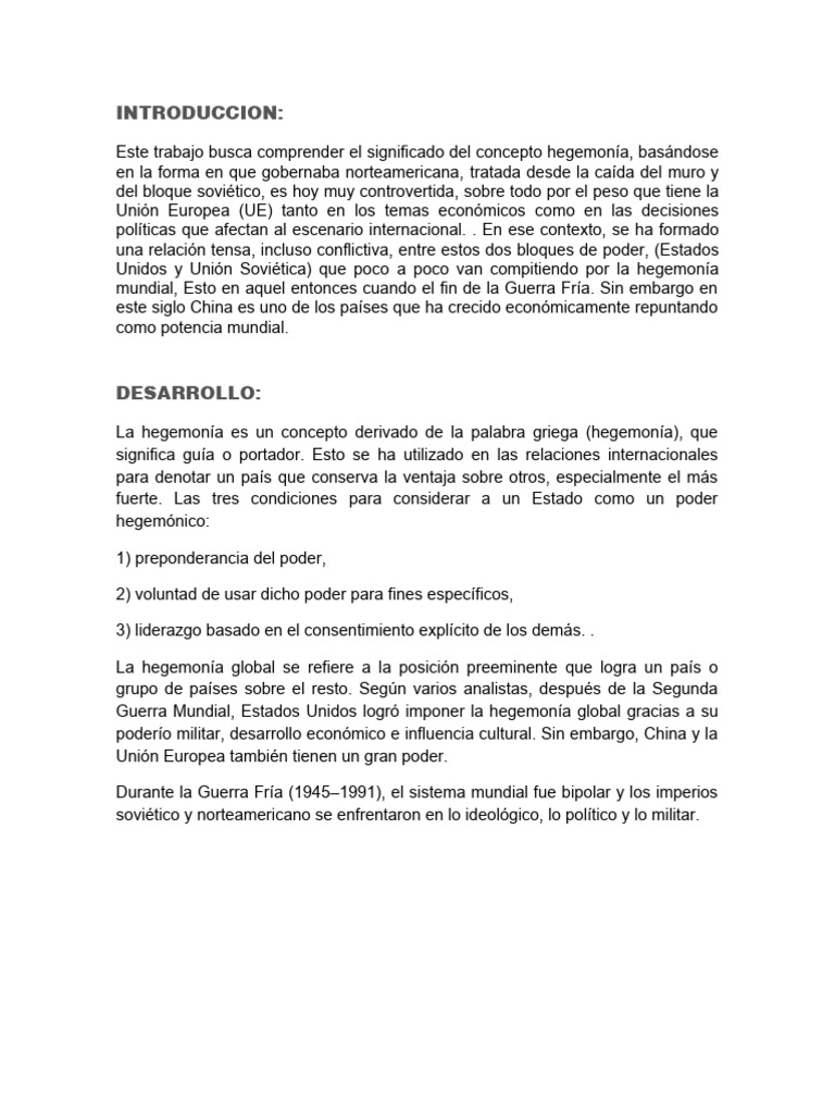 INTRODUCCION | PDF | Hegemonía | Guerra Fría