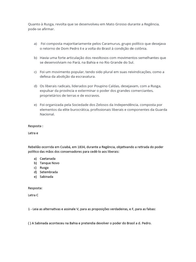 Questões Rusga e Sabinada | PDF