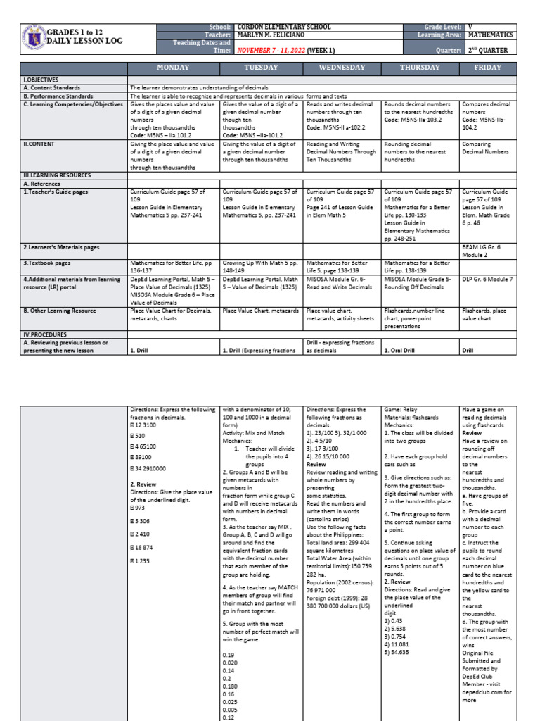 DLL-Math-5-Q2-Week-1 | PDF | Numbers | Curriculum