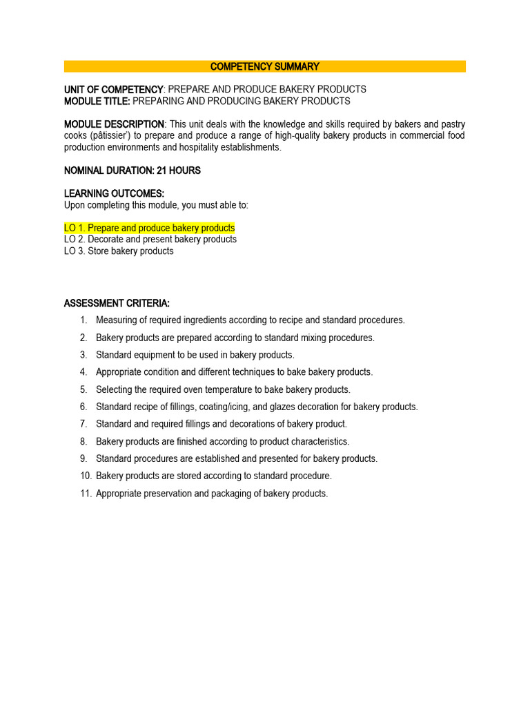 COMPETENCY SUMMARY | PDF | Breads | Baking