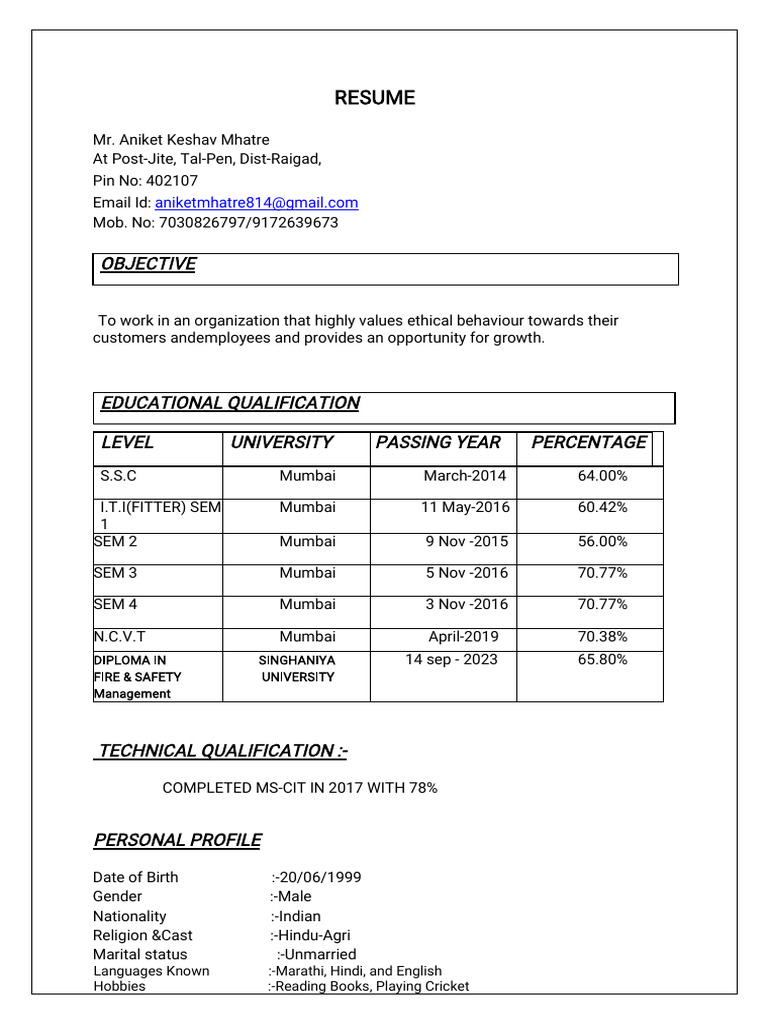 @aniket Mhatre Fire & Safety Diploma Resume | PDF