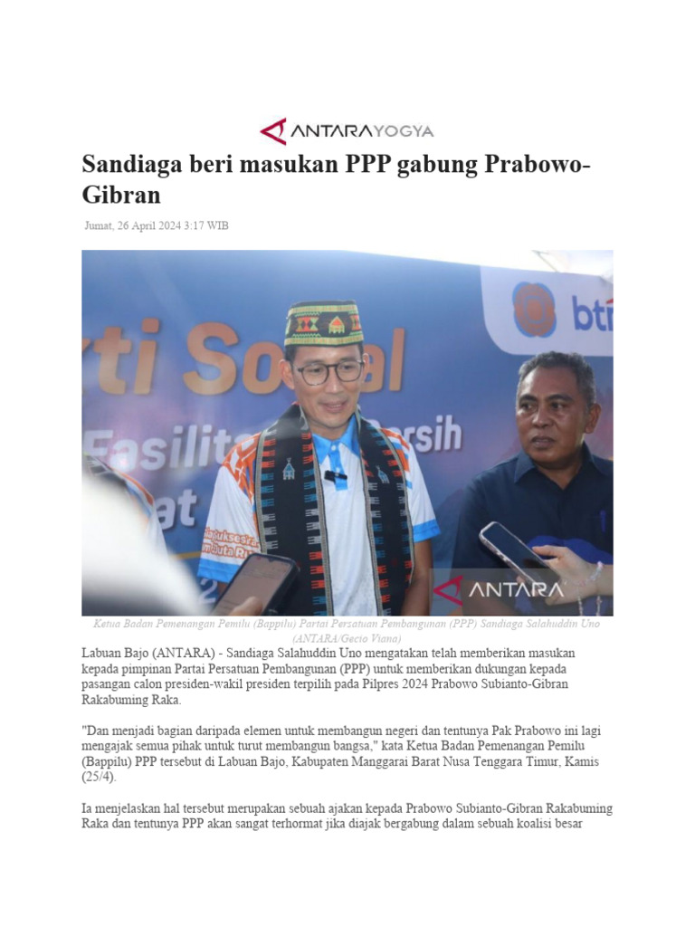 Sandiaga Beri Masukan PPP Gabung Prabowo-Gibran: Jumat, 26 April 2024 3:17 WIB | PDF