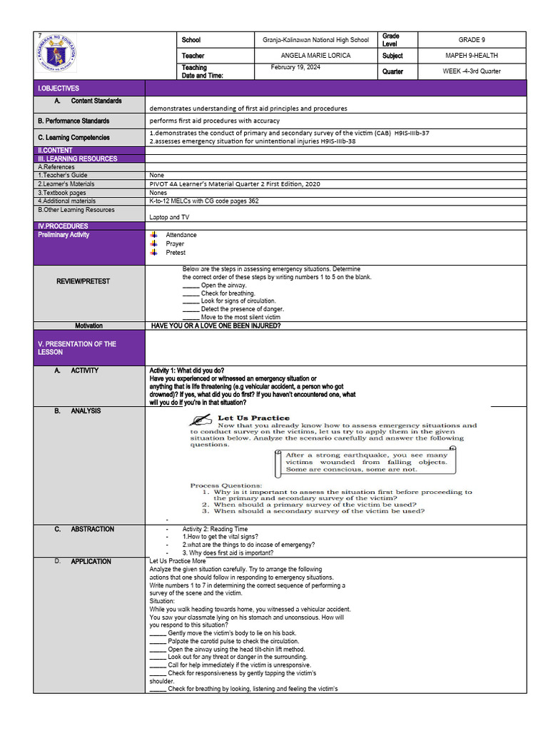 Grade 9 First Aid Lesson Plan | PDF | First Aid | Emergency