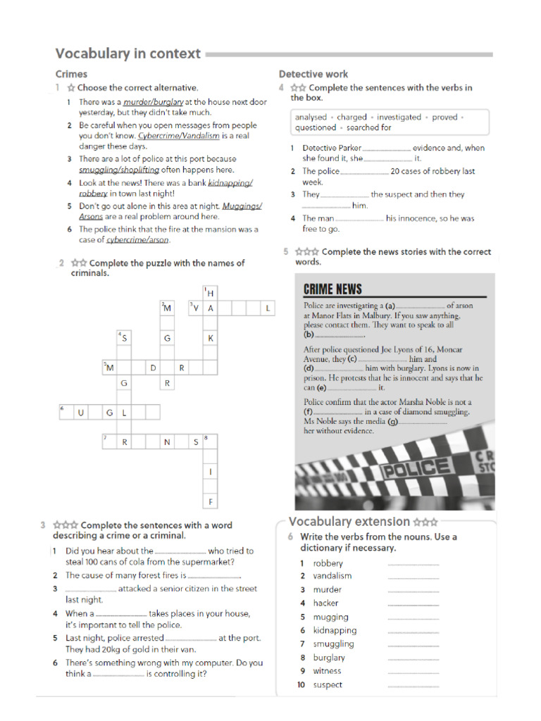 Vocabulary in Context: Crimes, Detective Work | PDF