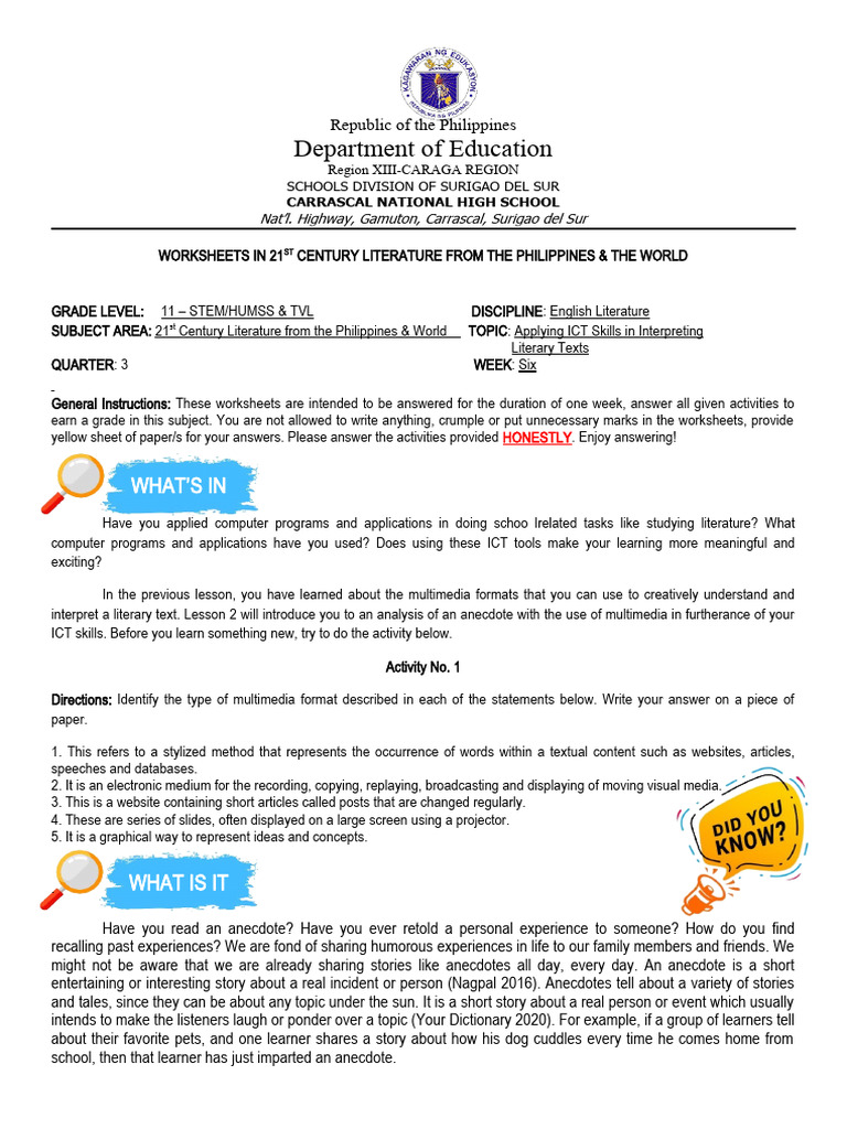 Week 6 Worksheets Pdf Educational Technology Multimedia