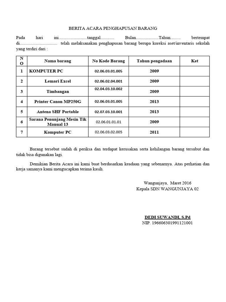 Berita Acara Penghapusan Barang | PDF