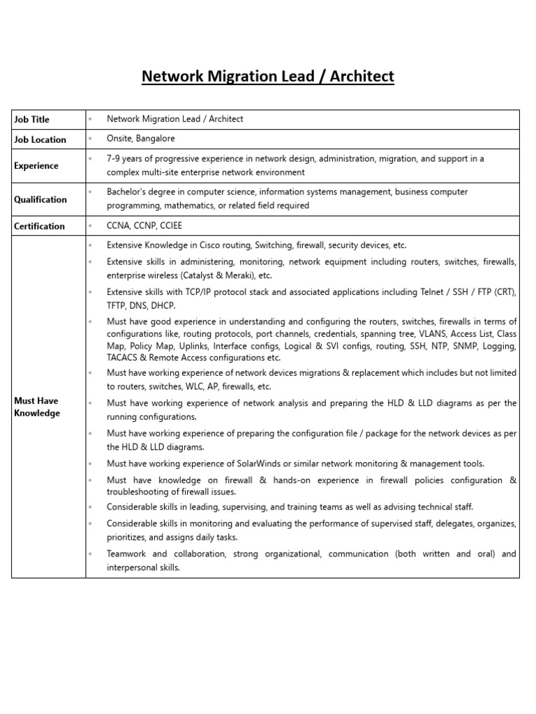 JD - Network Migration Lead v1 | PDF | Computer Network | Firewall ...