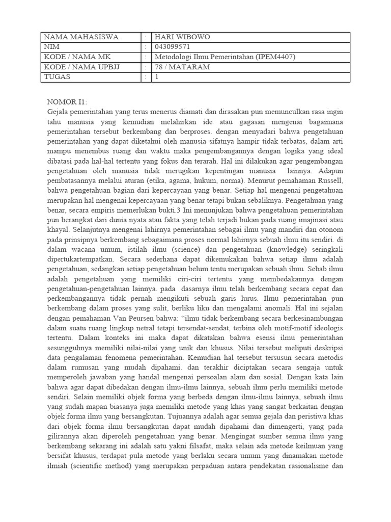 Tugas 1 Metodologi Ilmu Pemerintahan (IPEM4407) | PDF | Filsafat | Sains & Matematika