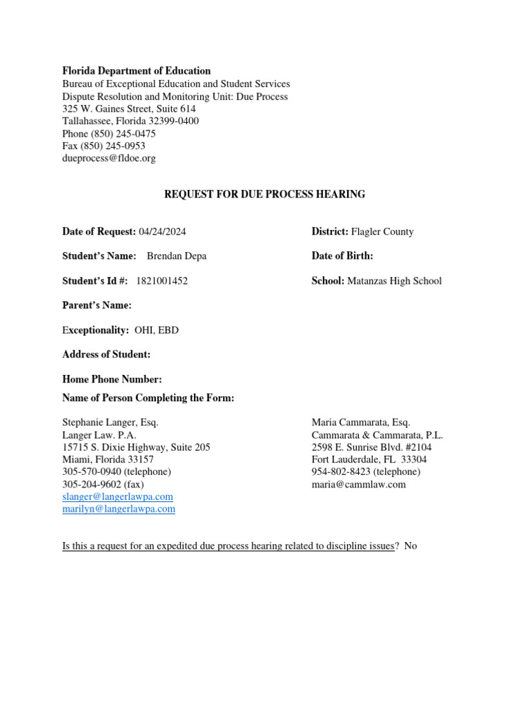 Brendan Depa Due Process Hearing Request | PDF | Individualized ...