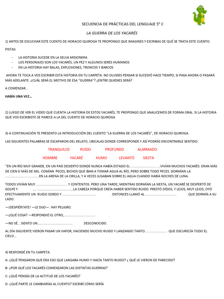Secuencia La Guerra de Los Yacarés de Prácticas Del Lenguaje 5 | PDF ...