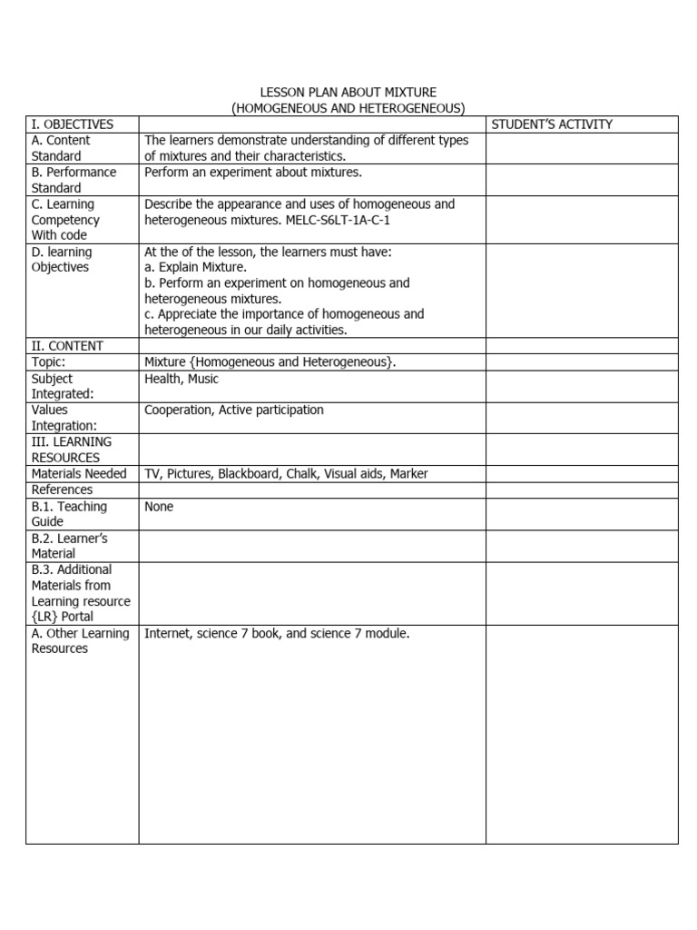Lesson Plan About Mixtures Argie | PDF | Mixture | Homogeneity And ...