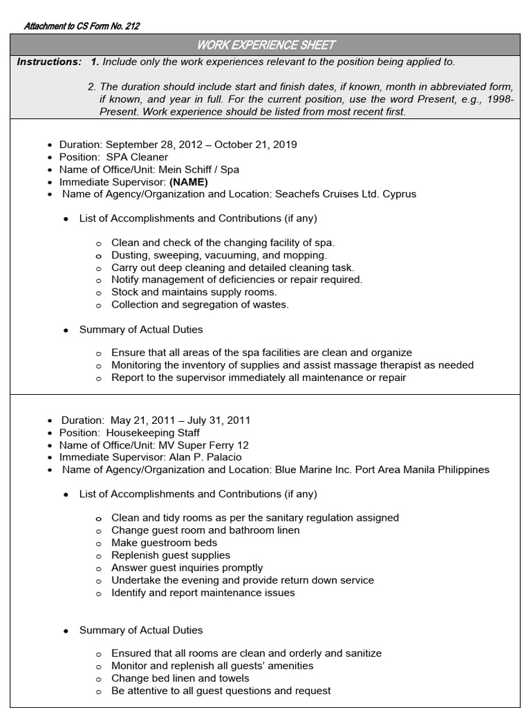 CS Form No. 212 Attachment - Work Experience Sheet | PDF | Housekeeping